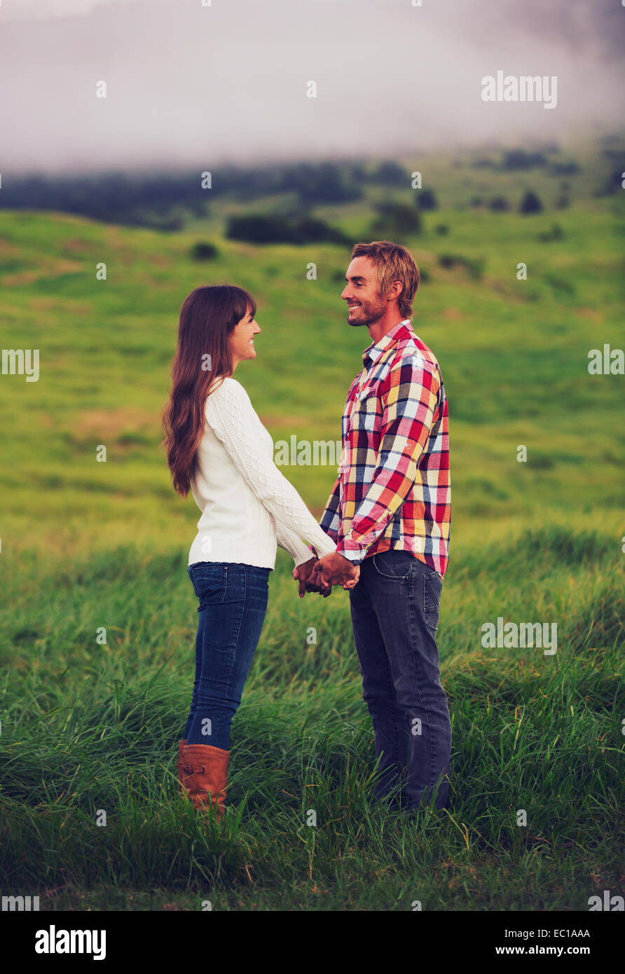 Romantic Young Couple in Love Outdoors in the Countryside Stock Photo ...