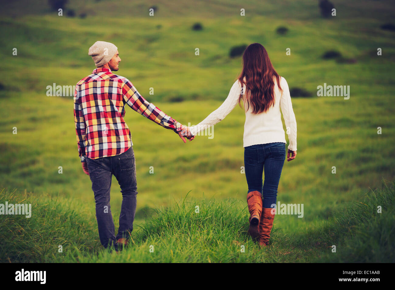 Romantic Young Couple in Love Outdoors in the Countryside Stock Photo ...