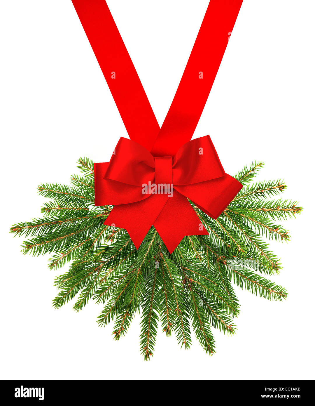christmas tree branches with red ribbon bow isolated on white ...