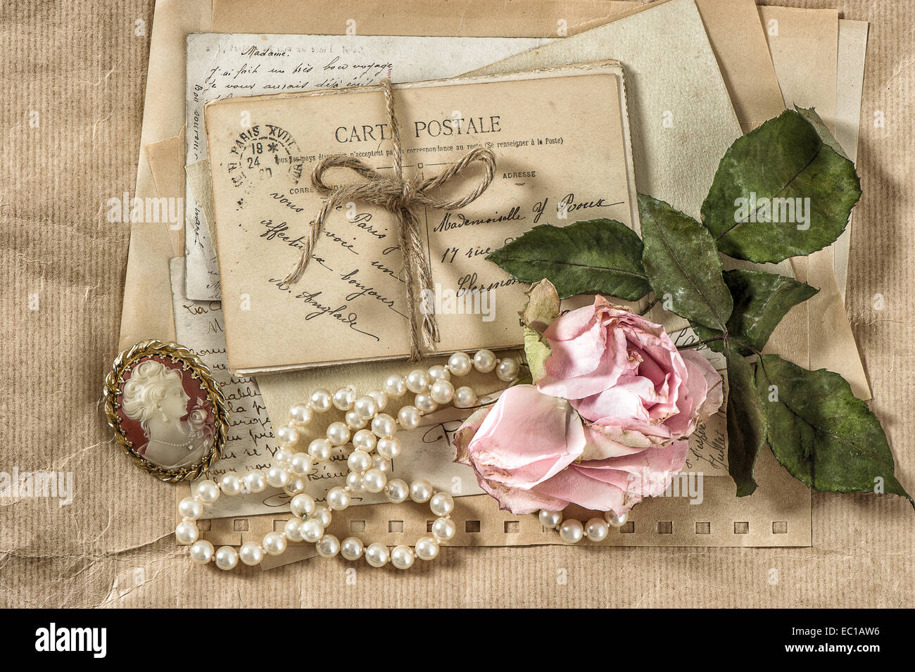 old letters, postcards and vintage things. nostalgic paper background ...