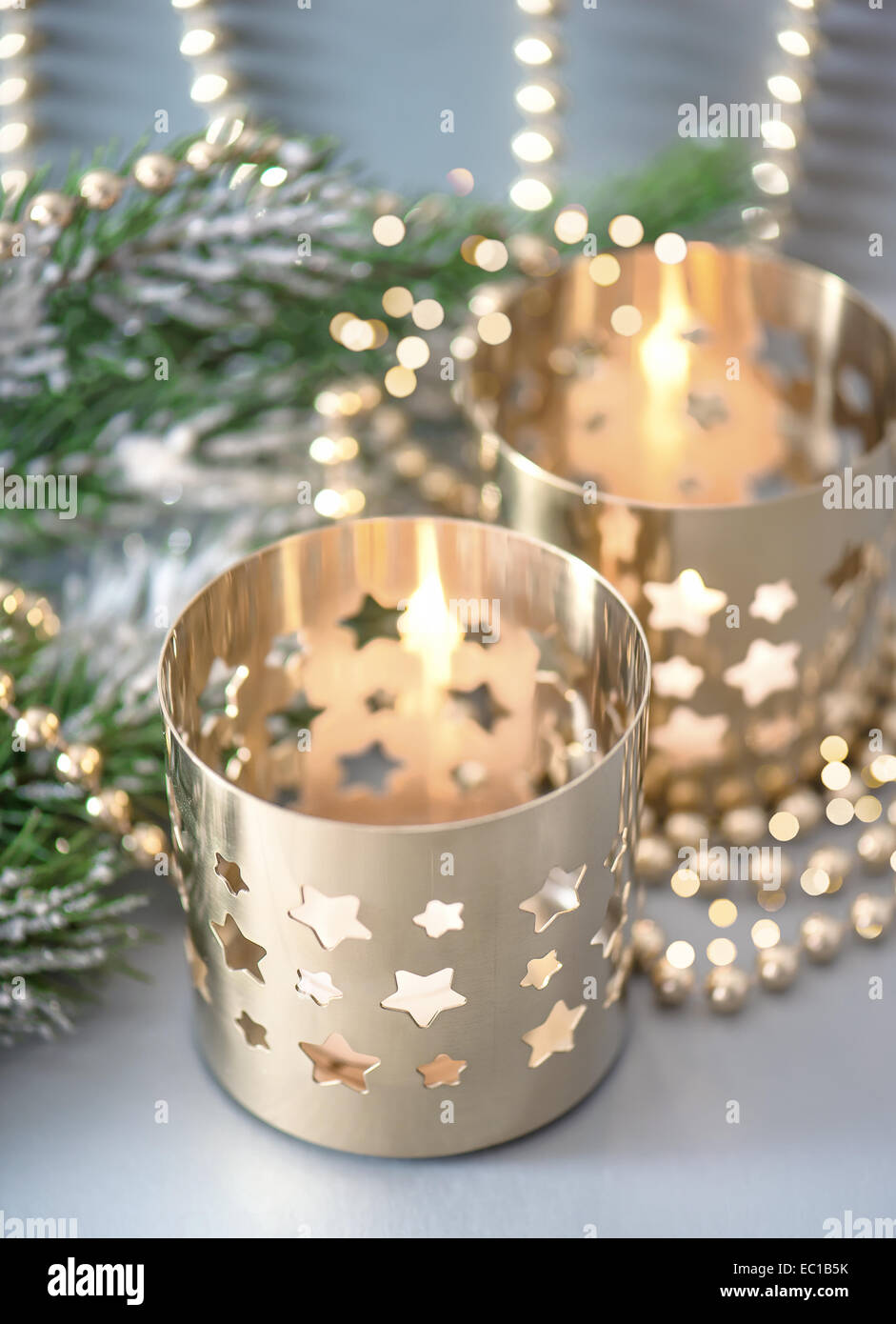 christmas decoration with golden lanterns and defocused lights Stock ...