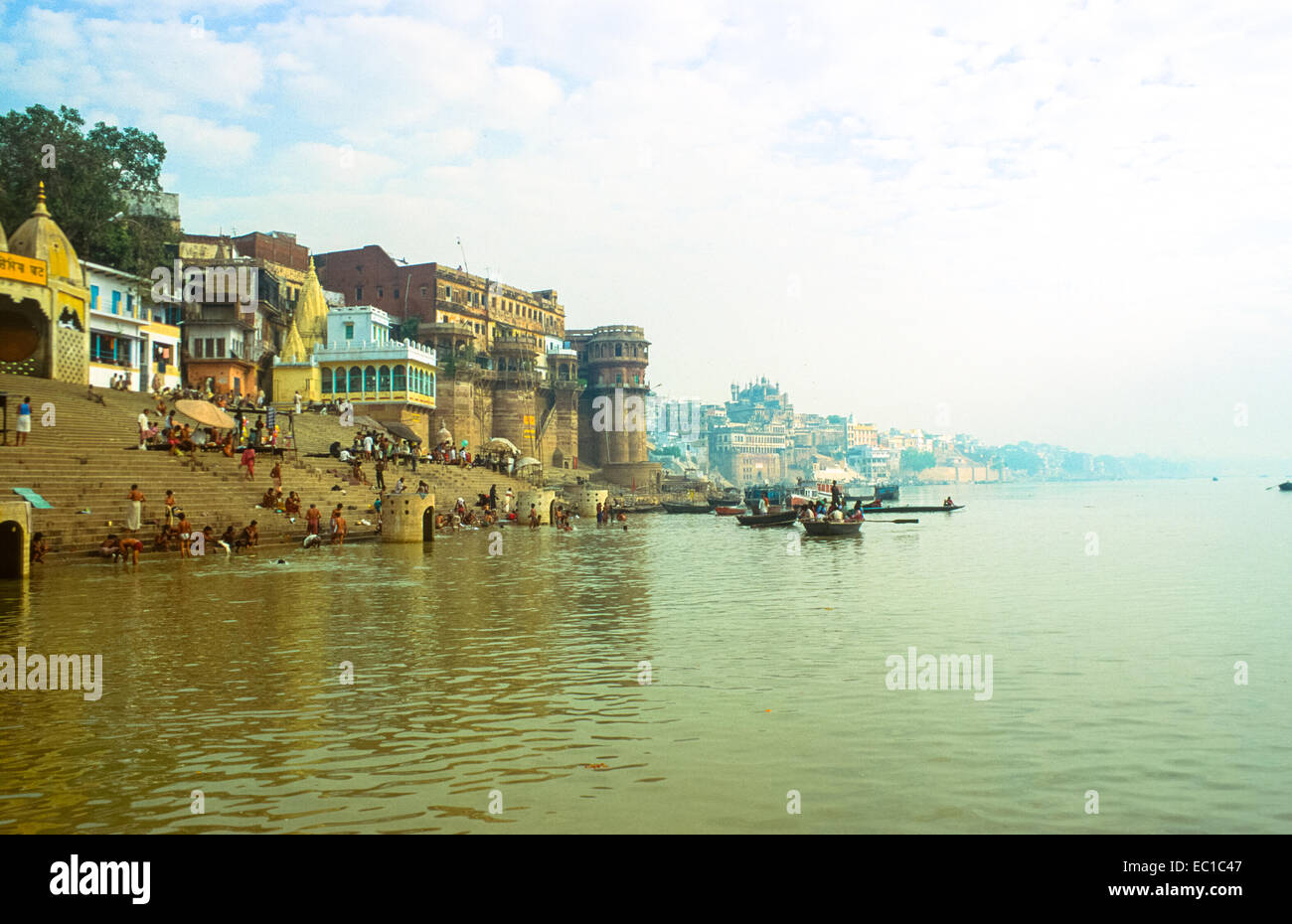 view at varanasi ghats and riverbank from ganges in india Stock Photo ...