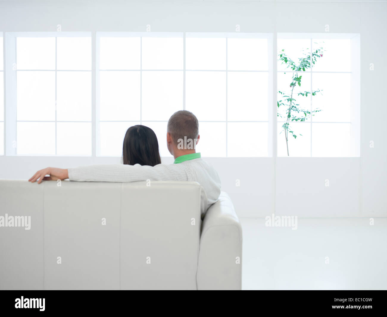 Loving young couple sitting on the couch at home hi-res stock ...
