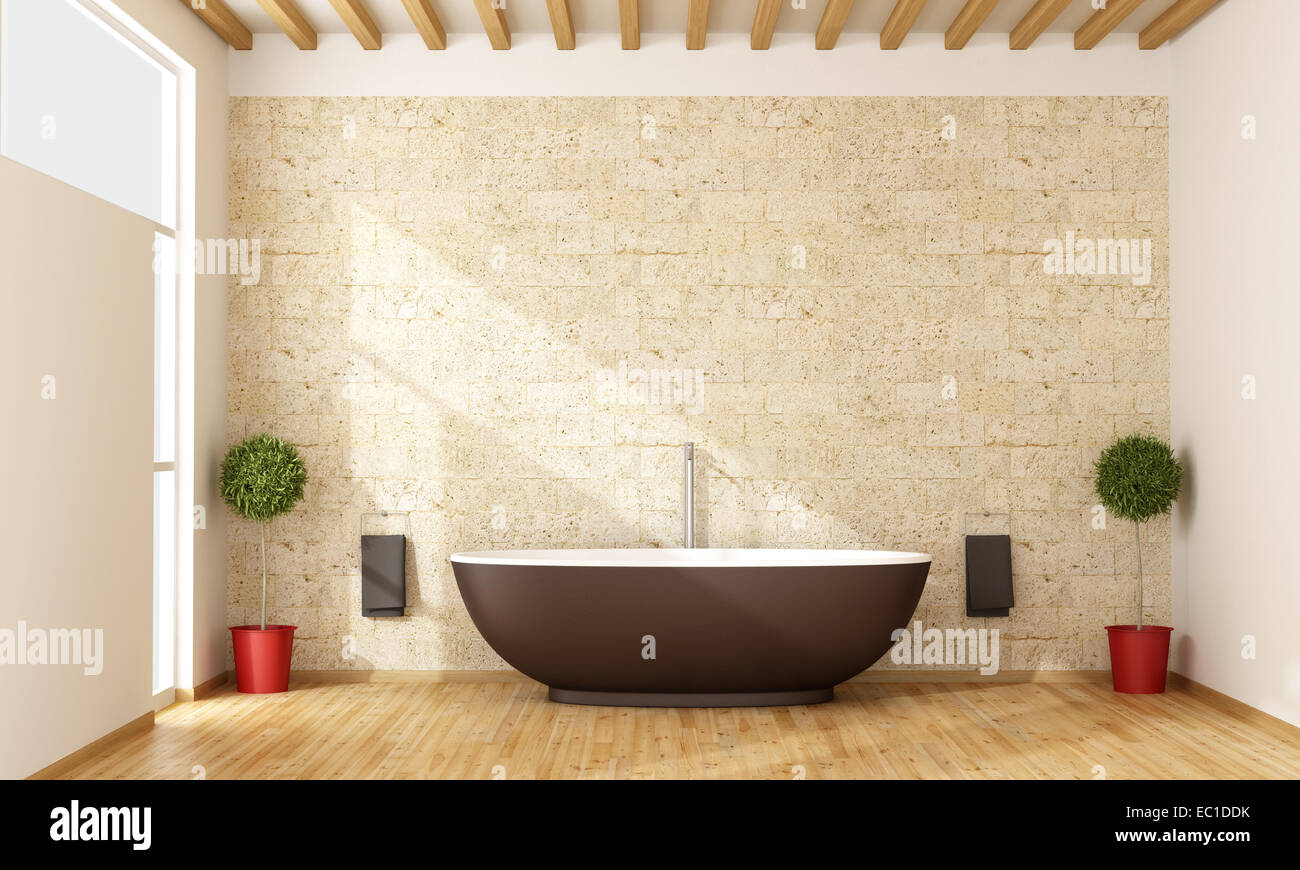 Contemporary bathroom with brown bathtub - 3D Rendering Stock Photo - Alamy