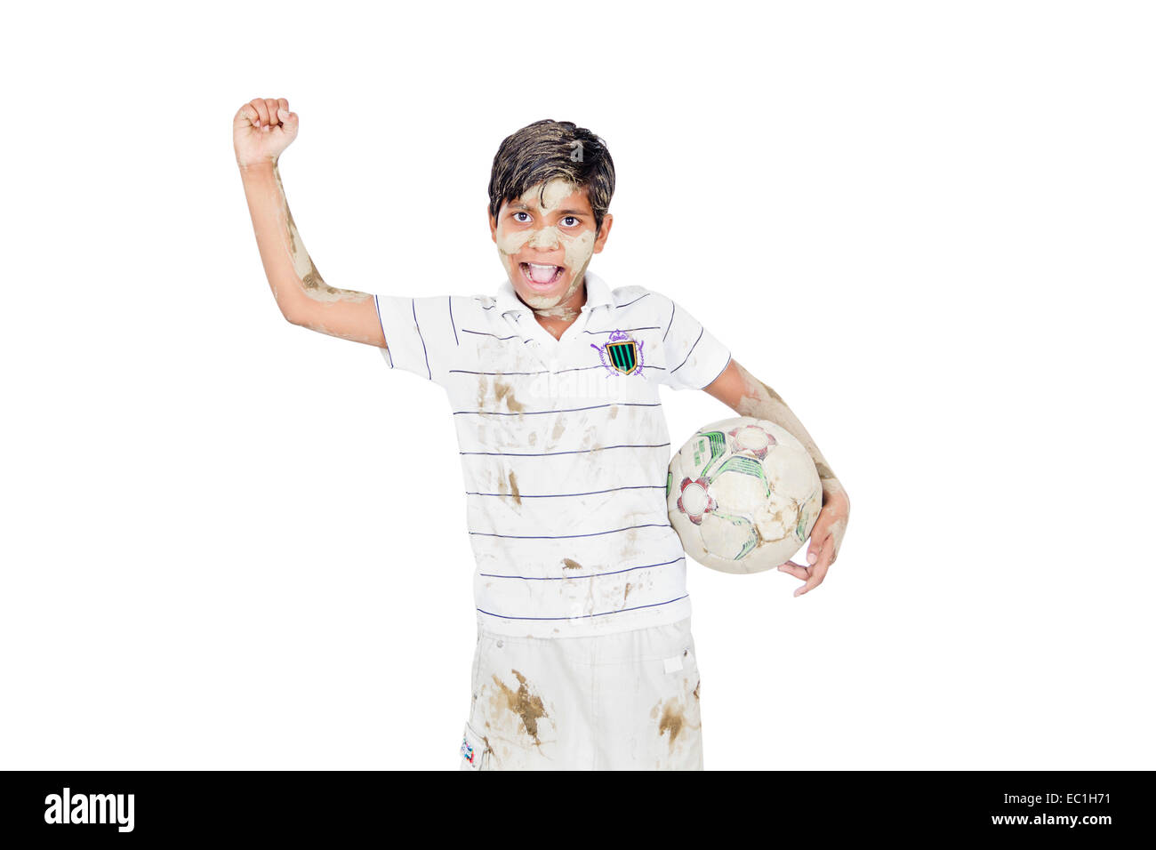 1 indan kids boy Shouting Playing Football Shouting Victory Stock Photo ...
