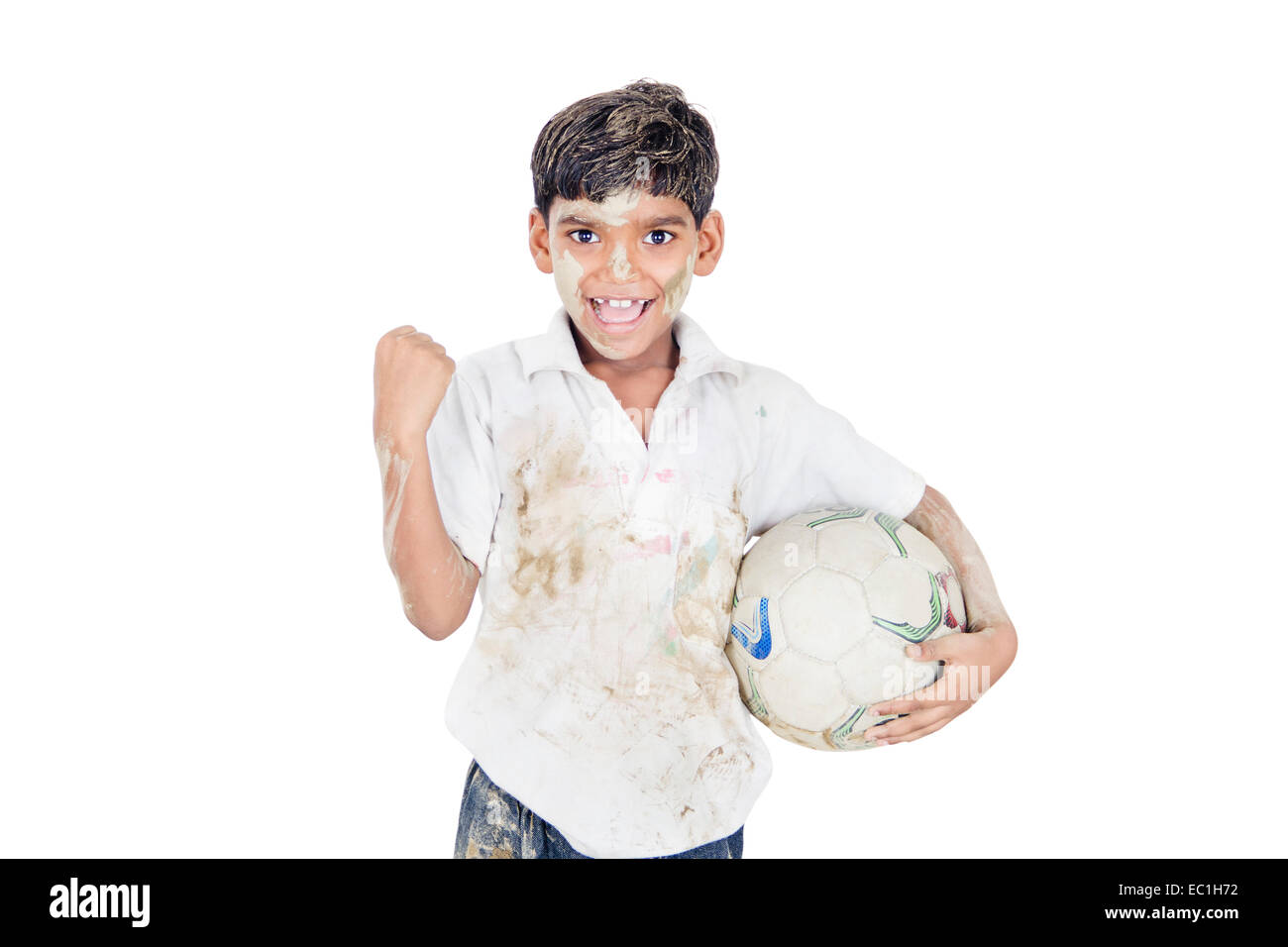 1 indan kids boy Shouting Playing Football Shouting Victory Stock Photo ...