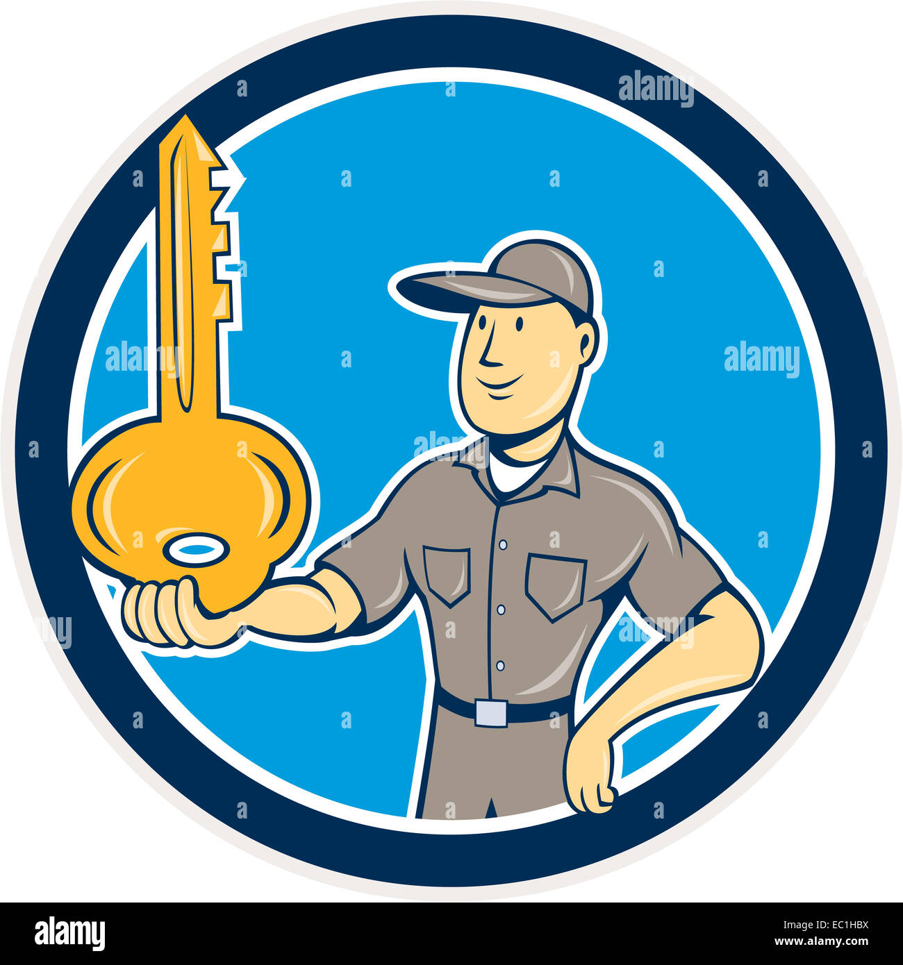 Illustration of a locksmith standing balancing key on palm hand set ...