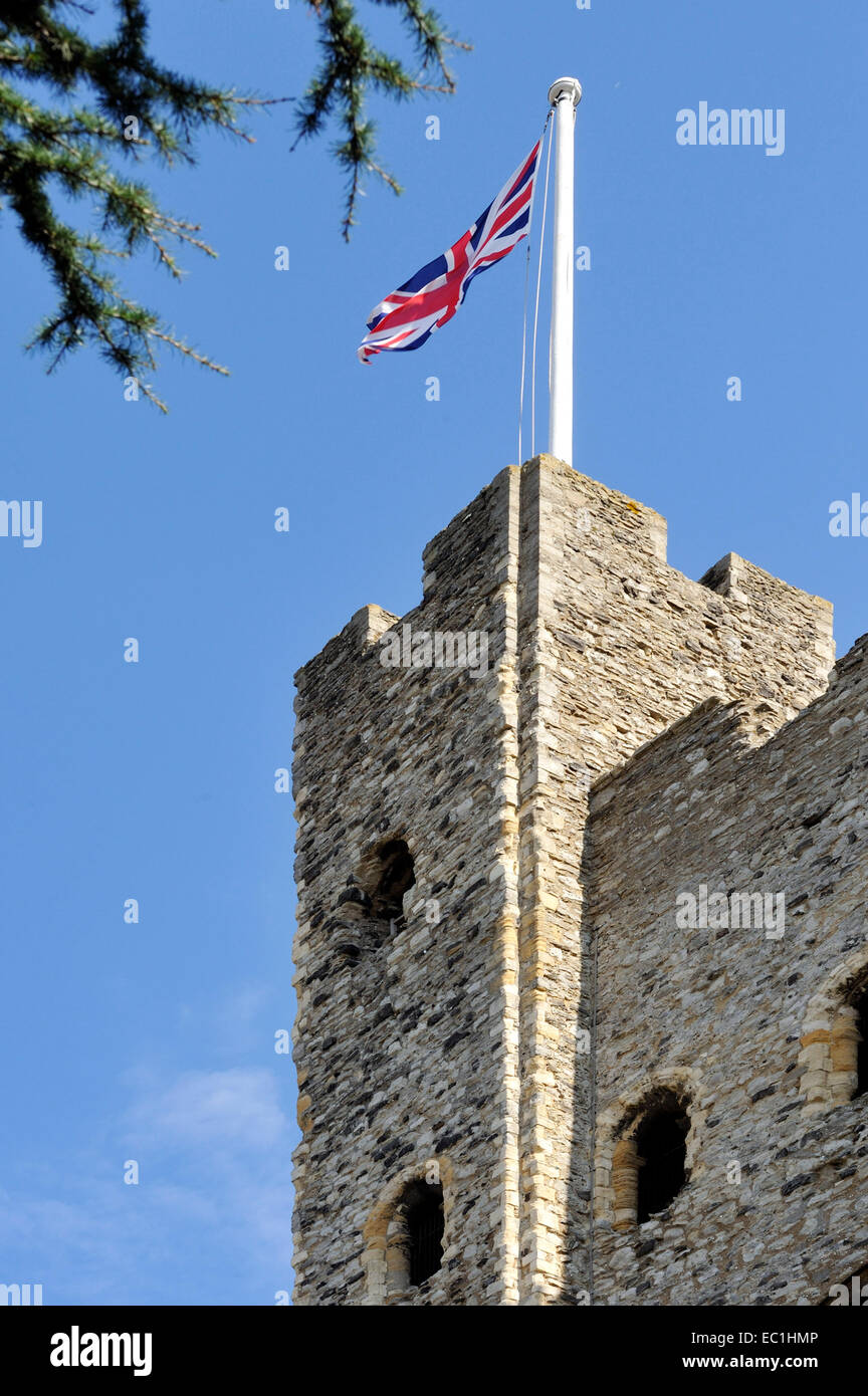 Rochester Castle, tower, Union Jack flying. Norman architecture, built ...