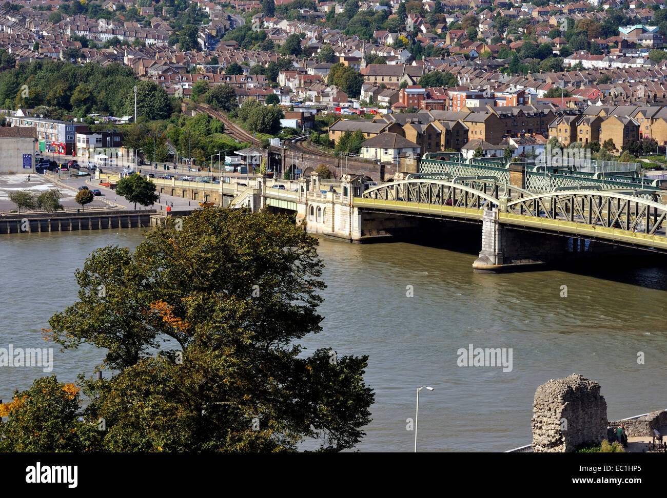 Medway Bridges seen from Rochester Castle - Dickens connection Stock ...