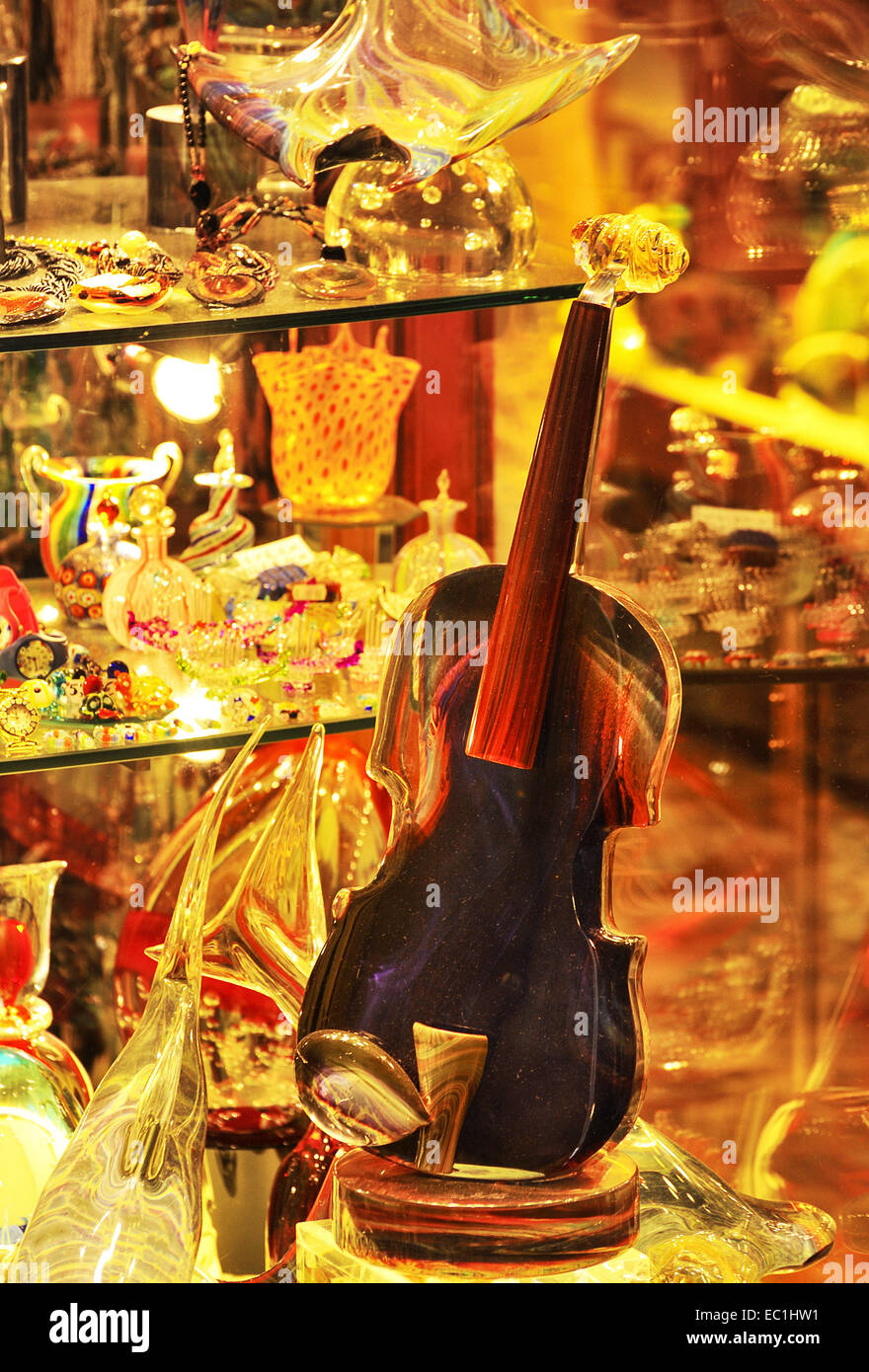 Murano glass violin, in Venice shop window. Murano’s reputation as a ...