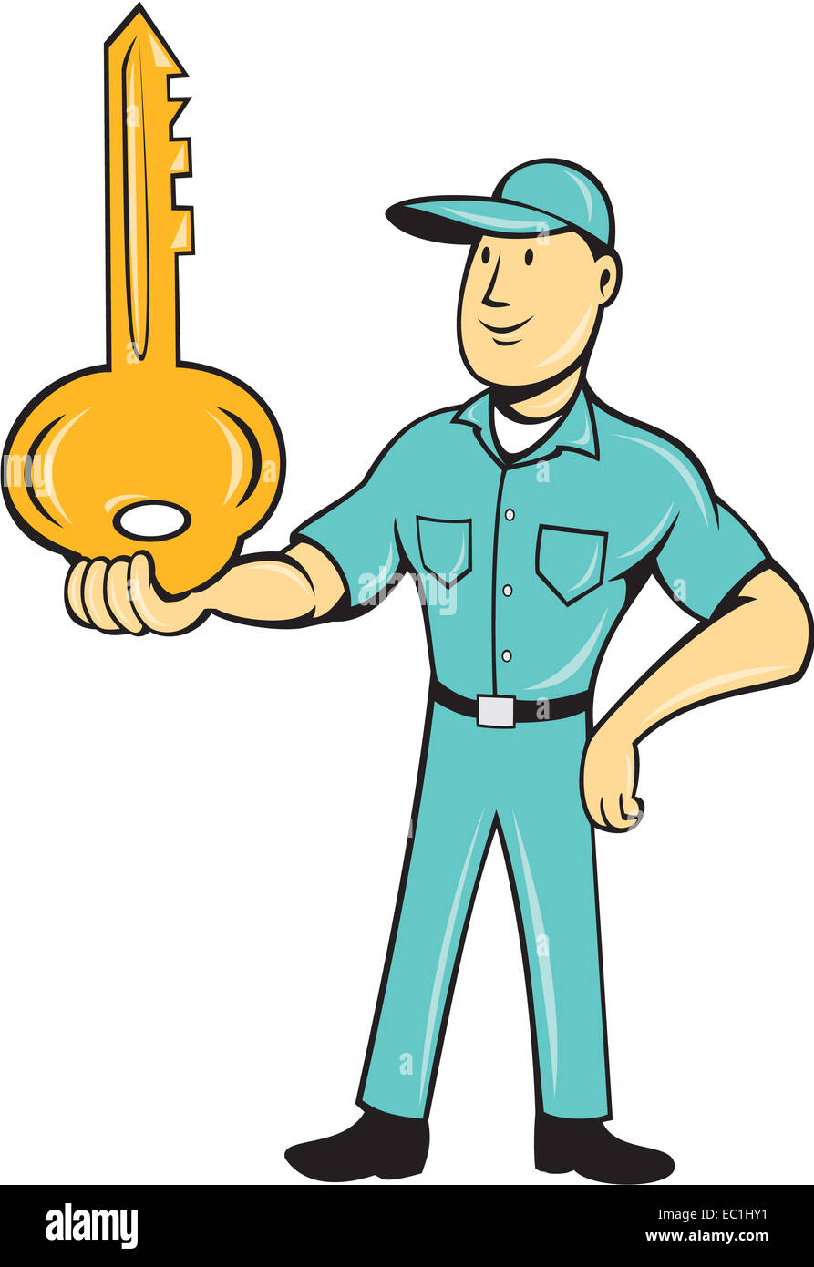 Illustration of a locksmith standing balancing key on palm hand on ...