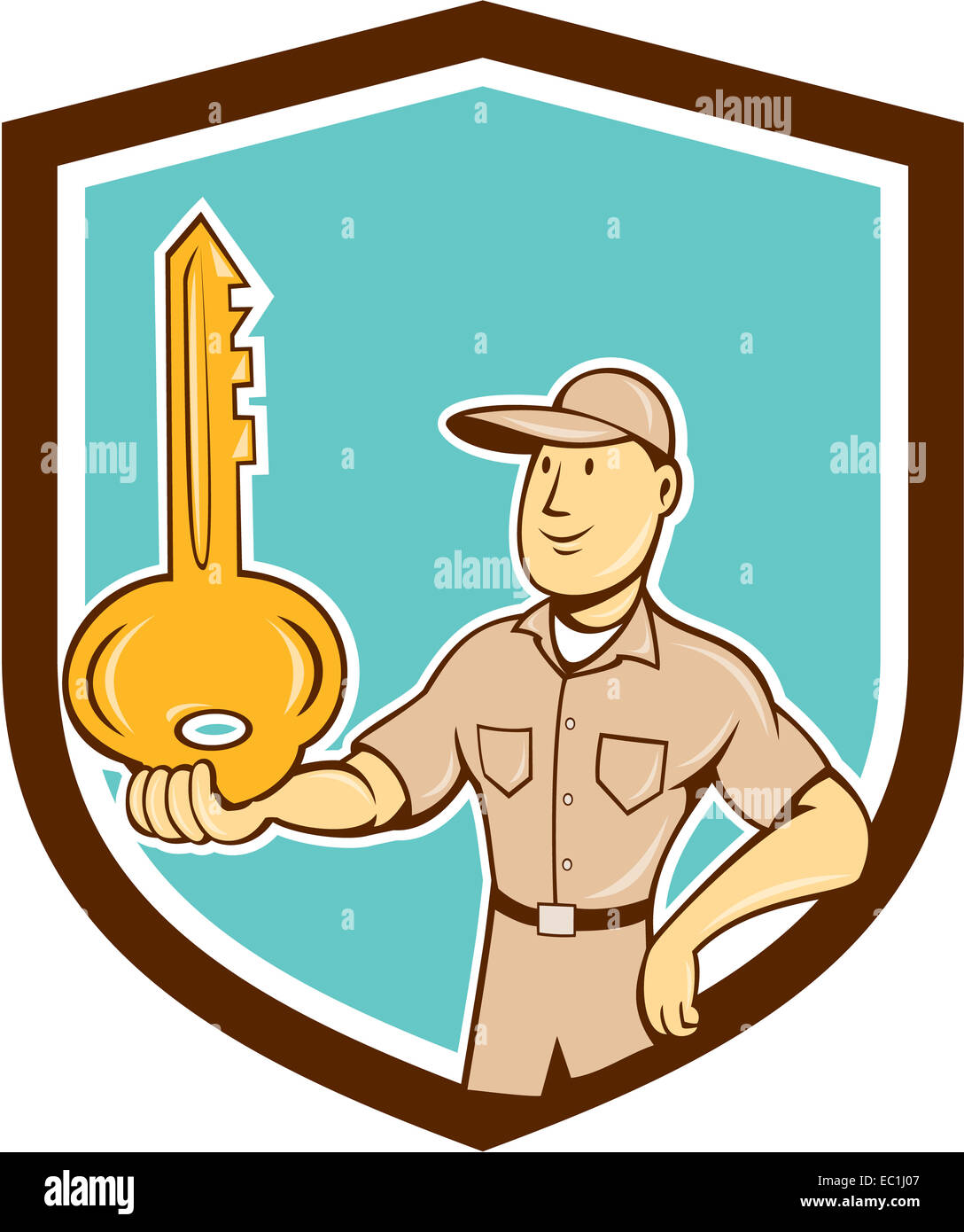 Illustration of a locksmith standing balancing key on palm hand set ...