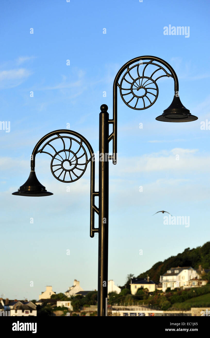 Fossil lamp posts by beach at dawn, Marine Parade, Lyme Regis, West ...
