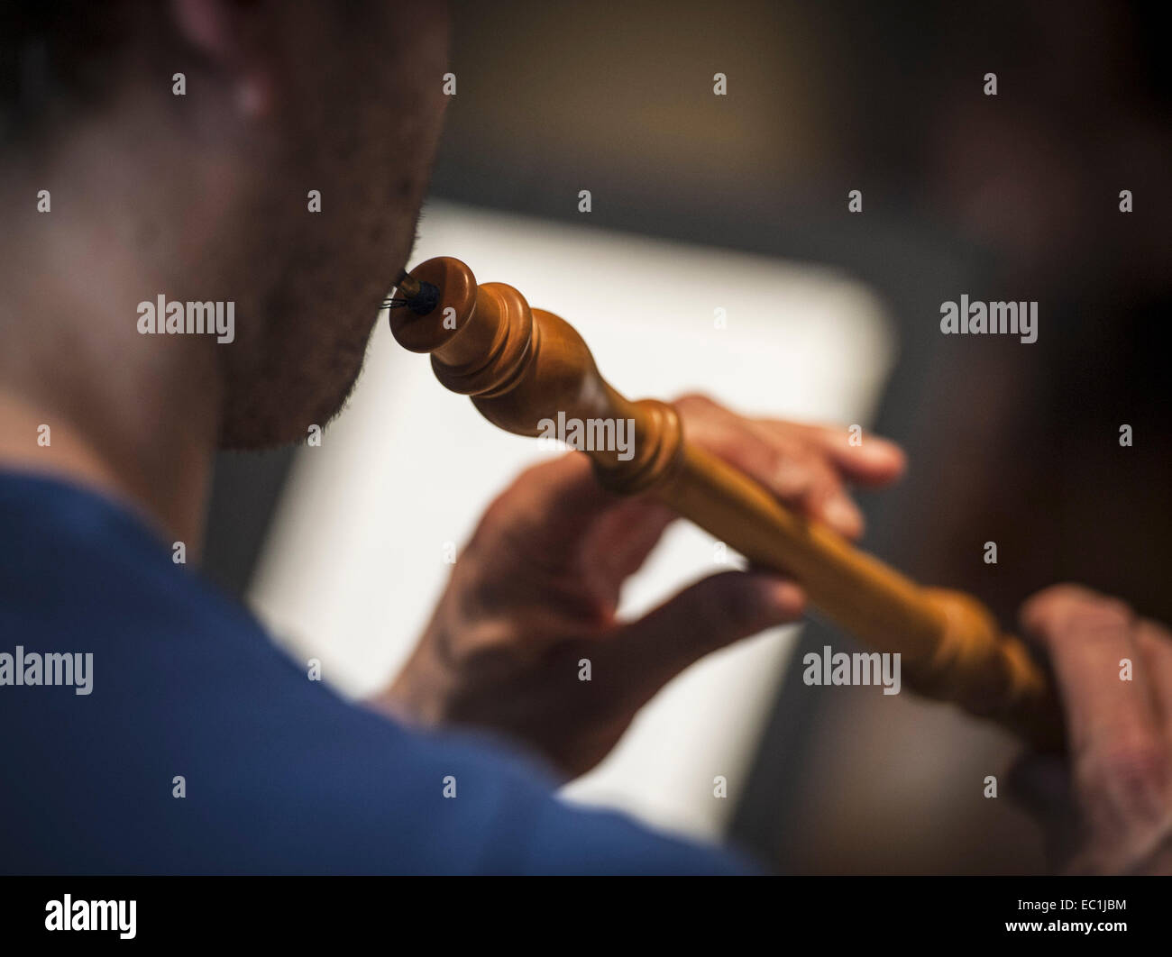 Classical oboe, boxwood, 2-keyed, played in rehearsal by oboist Joel ...