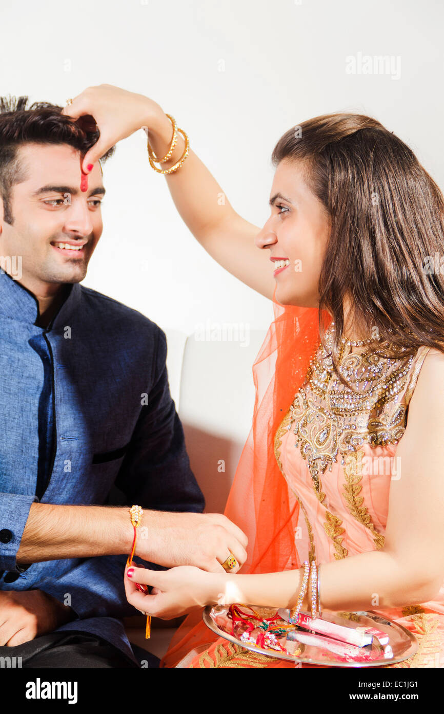 Indian Brother And Sister Festival Raksha Bandhan Forehead Tika Stock