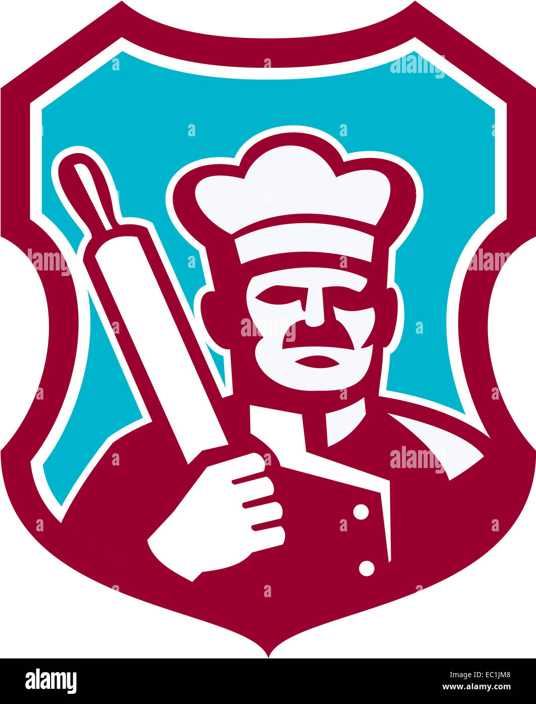 Illustration of a baker chef cook holding rolling pin set inside shield ...