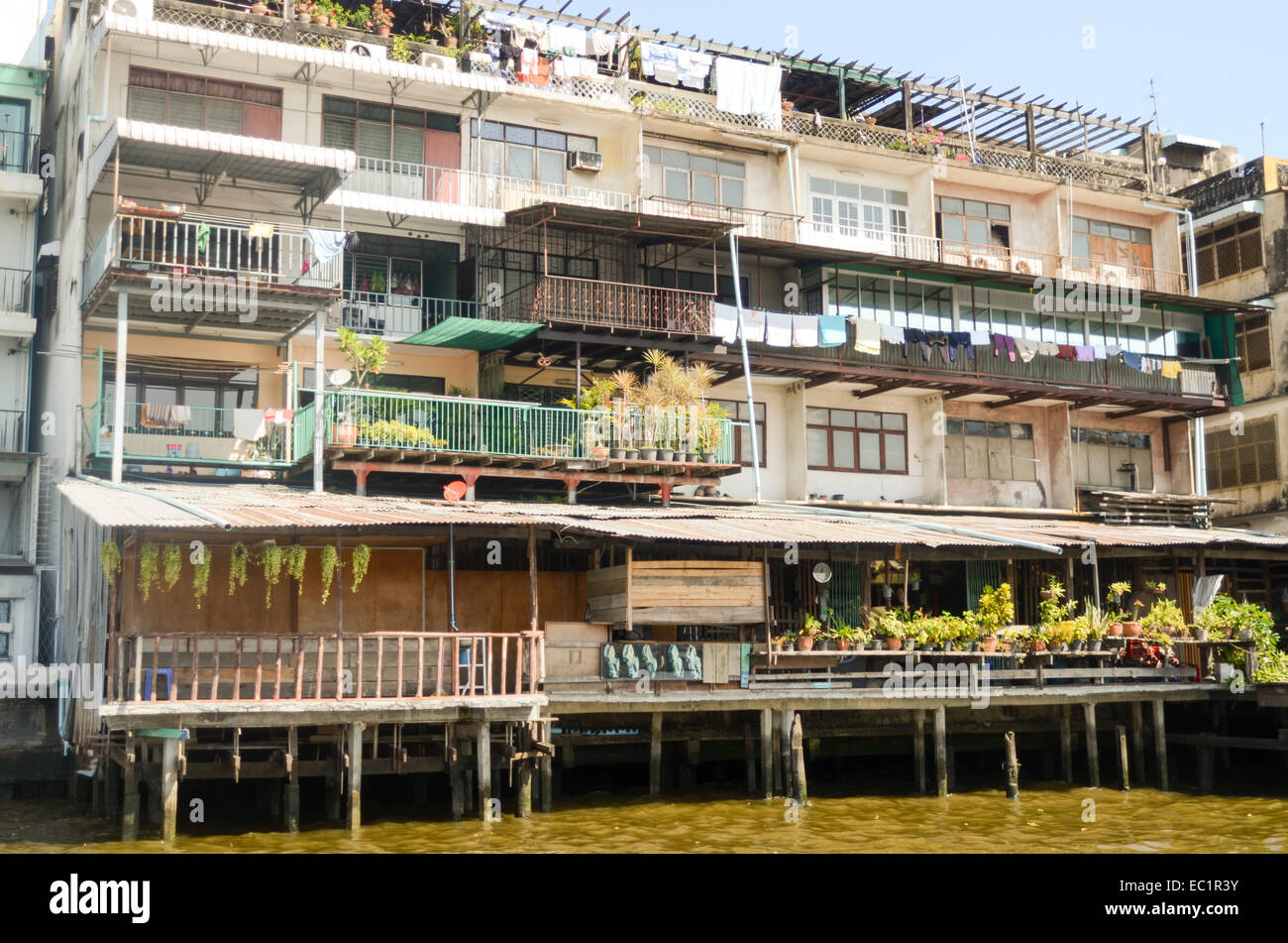 Apartment block of houses on stilts on the banks of the Chao Praya ...