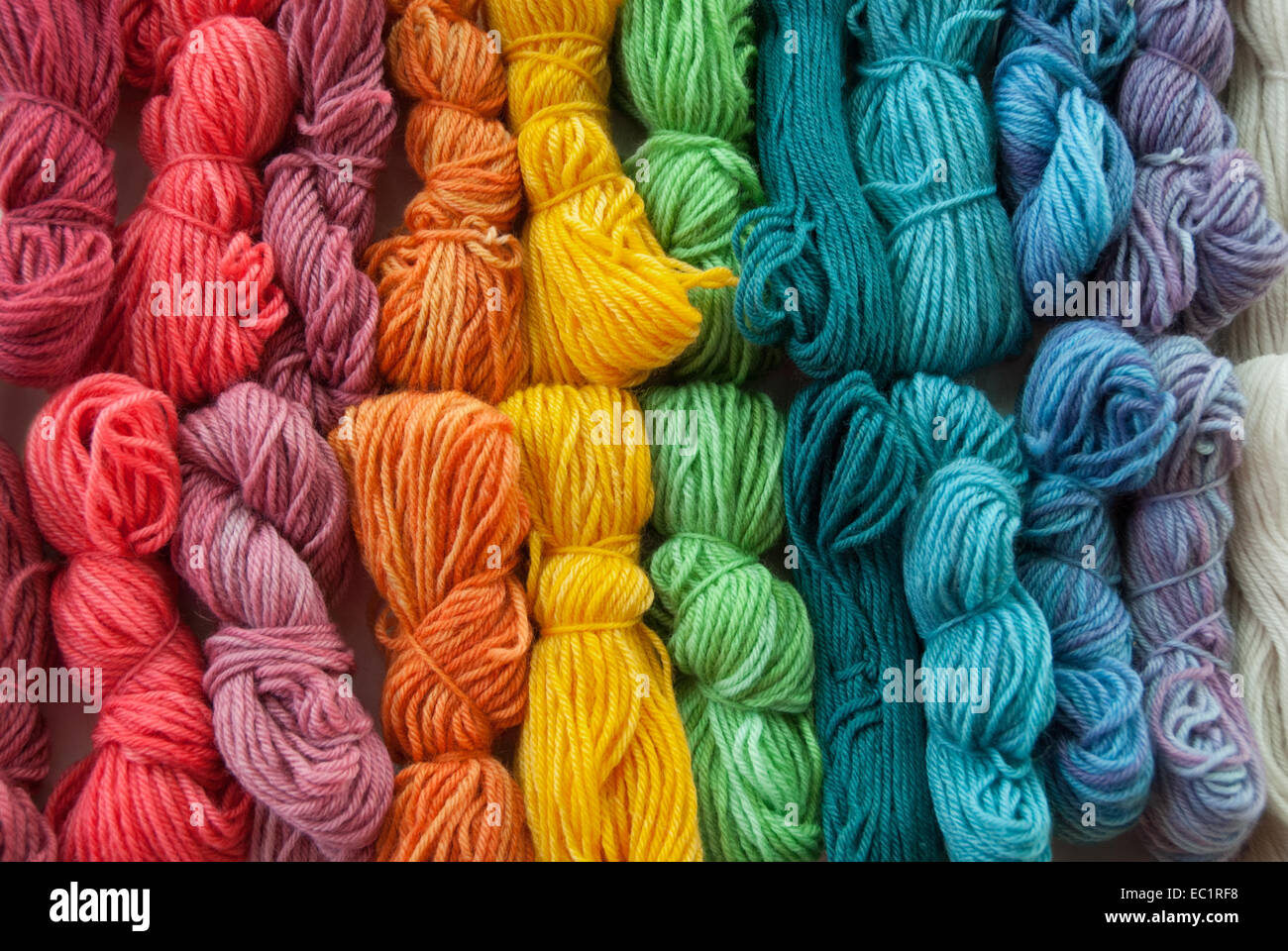 Assortment of colorful hand-dyed wool yarns Stock Photo - Alamy