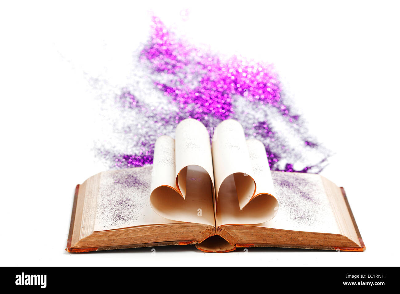 Heart made of blank pages inside a book on glitter background Stock ...