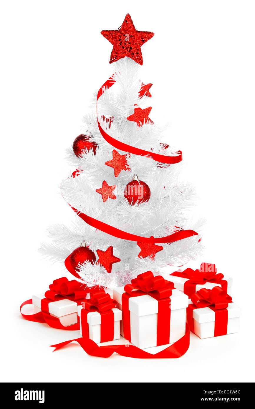 White christmas tree with red decorations and presents isolated on ...