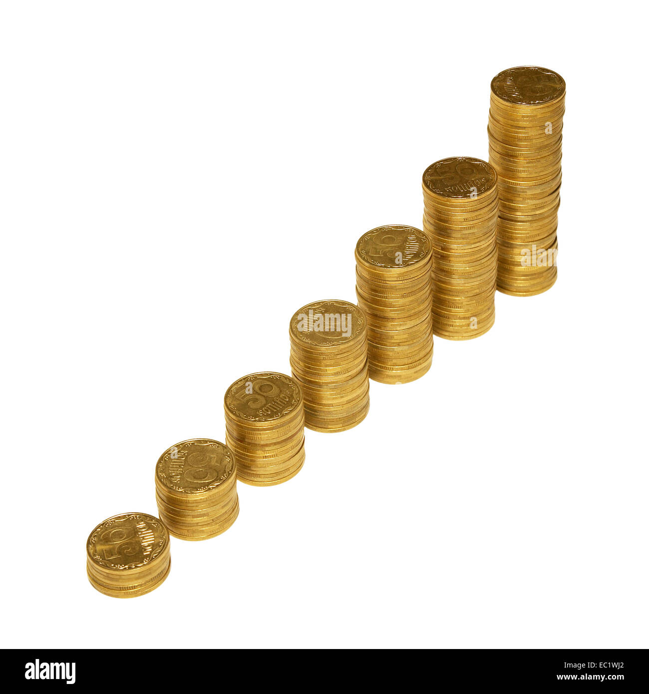 Stair to wealth of golden coins isolated on white Stock Photo - Alamy