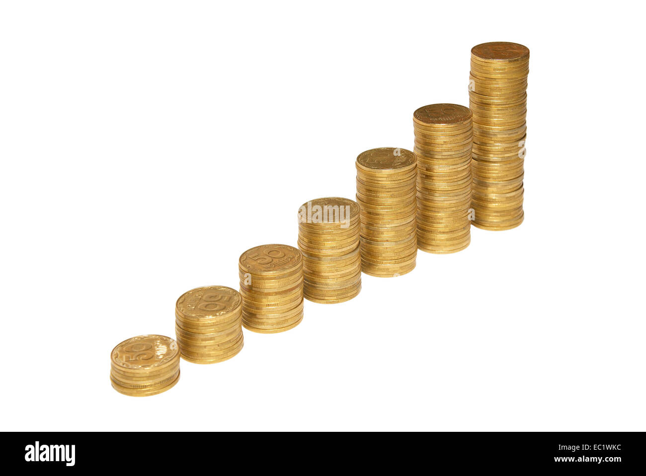 Stair to wealth of golden coins isolated on white Stock Photo - Alamy