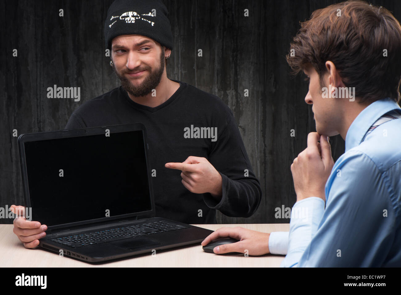 Bearded Computer Hacker Introducing Laptop With Virus To Businessman Computer Hacker Concept