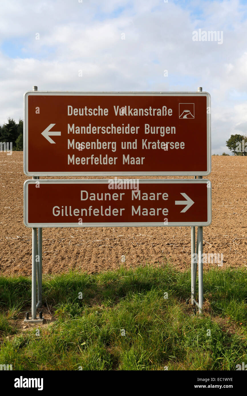 Sign, Deutsche Vulkanstraße scenic route, Volcano Eifel, Rhineland ...