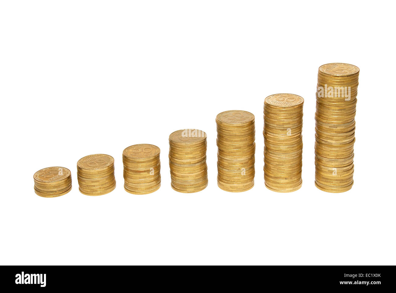 Stair to wealth of golden coins isolated on white Stock Photo - Alamy