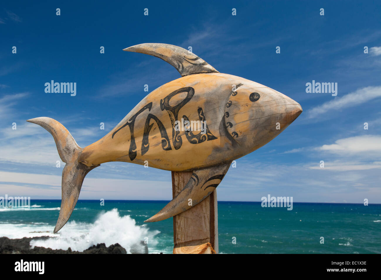 Chile, Easter Island aka Rapa Nui, Hanga Roa. Carved wooden fish "tapu ...