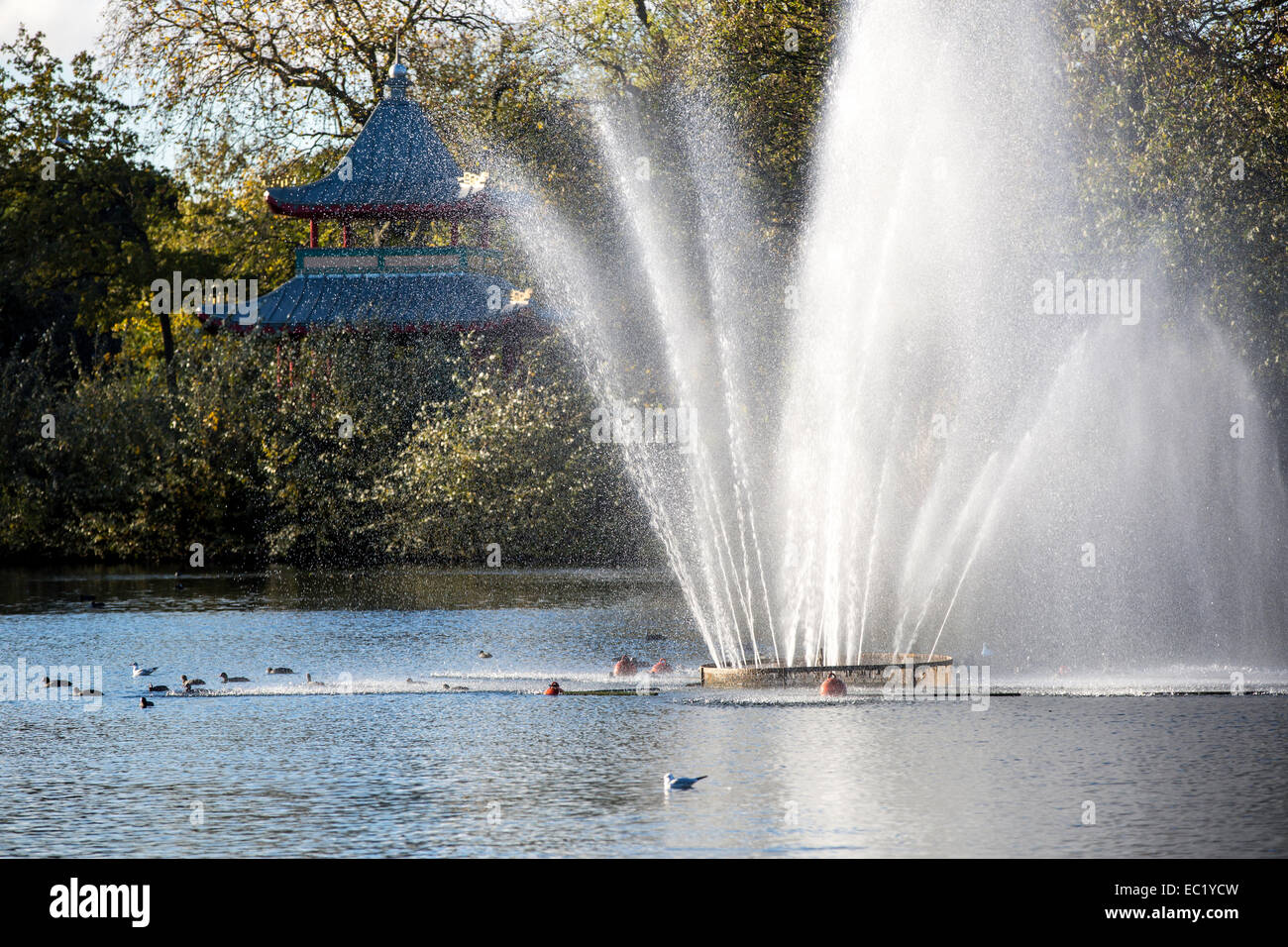 Fountain in the lake, Victoria Park, Hackney, E9, London, United ...