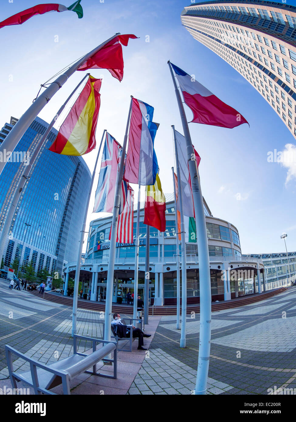 Flags at the Fair Tower, Frankfurt Trade Fair, Frankfurt am Main, Hesse ...