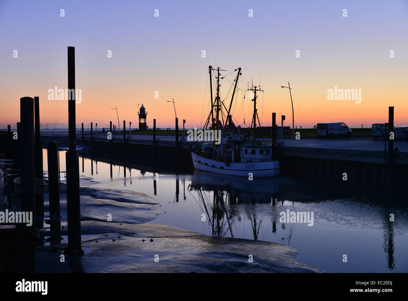 Evening mood, dusk, harbour, North Sea resort of Wremen, Cuxhaven ...