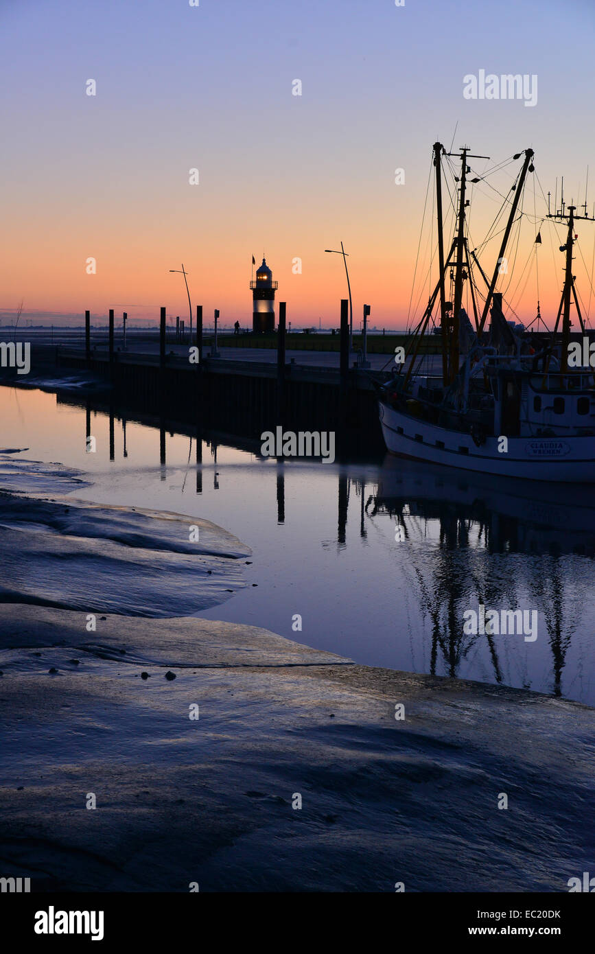 Evening mood, dusk, harbour, North Sea resort of Wremen, Cuxhaven ...