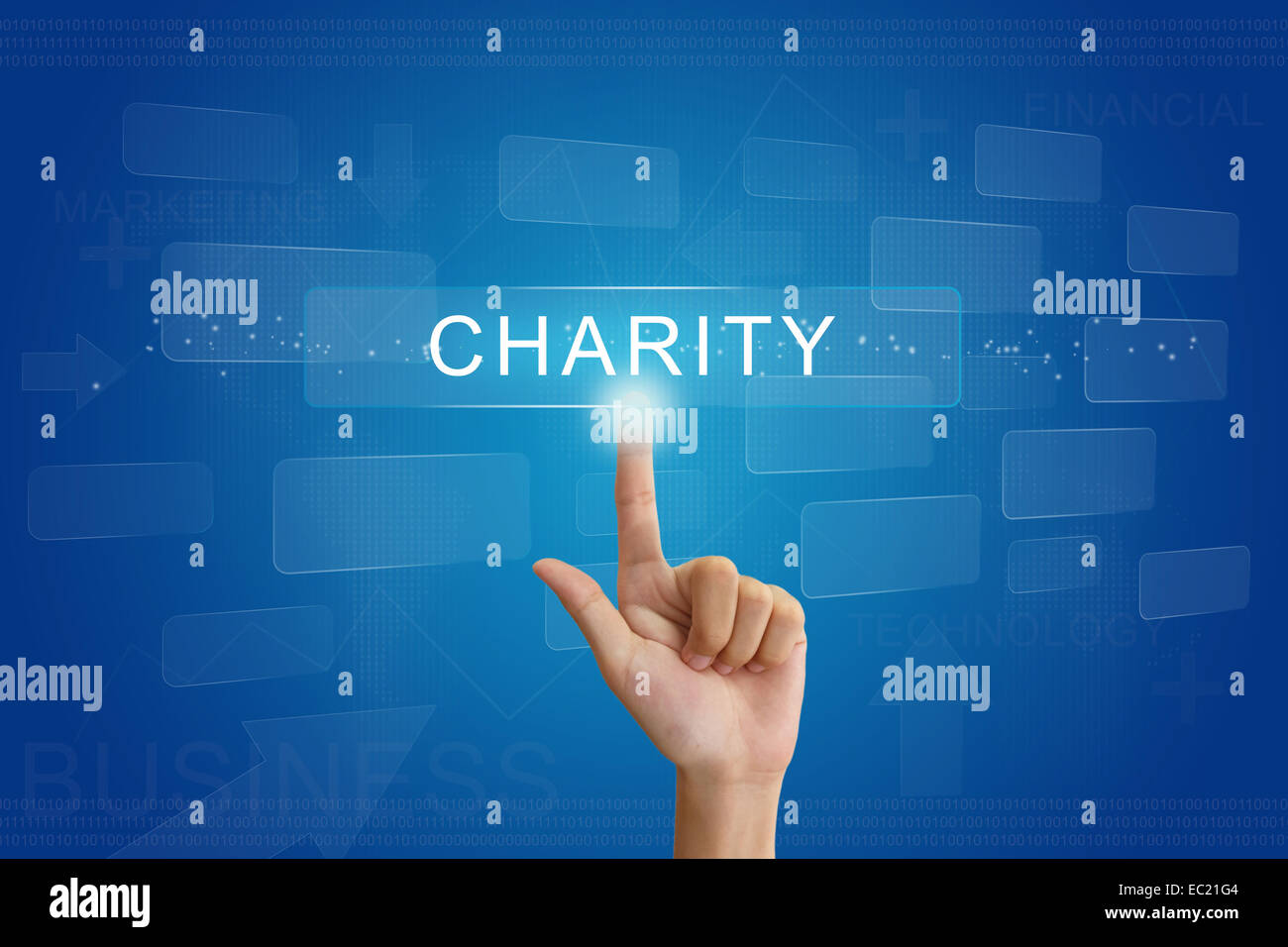 hand press on charity button on virtual screen Stock Photo - Alamy