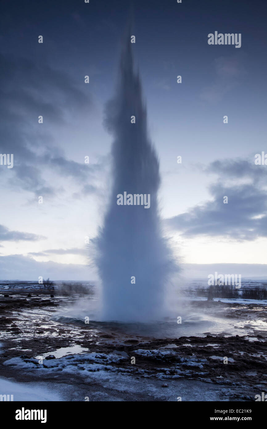 Eruption, Strokkur geyser in winter, Haukadalur, Southern Region ...