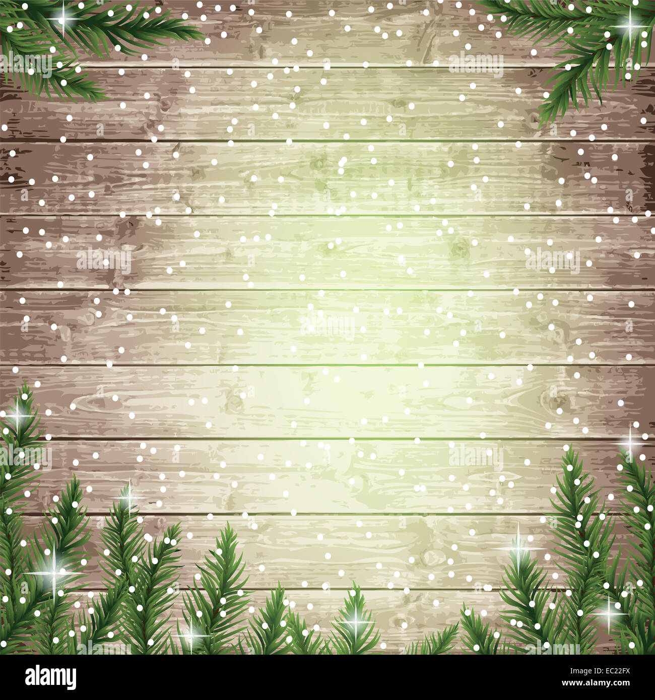 Fir tree branches and snowflakes on the wooden board Stock Photo - Alamy