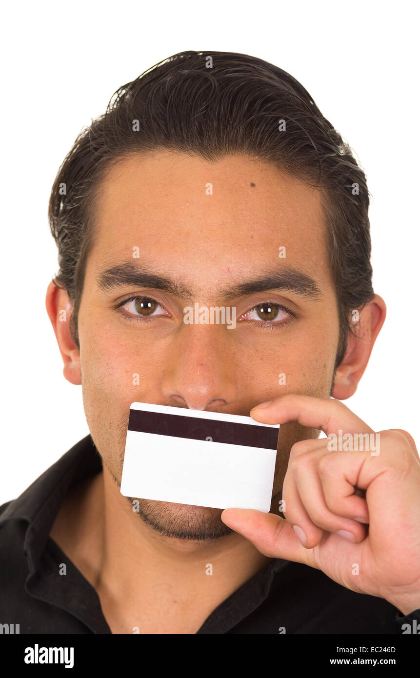 closeup portrait of handsome young man holding credit card Stock Photo ...
