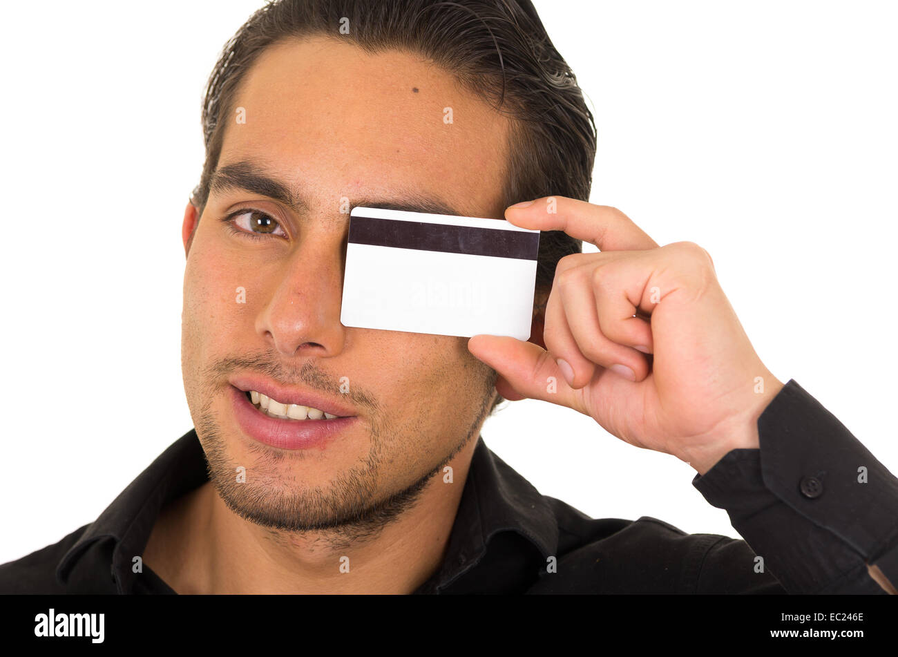 closeup portrait of handsome young man holding credit card Stock Photo ...