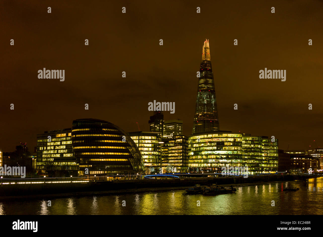 Riverside, City hall and the Shard lit up at night in London Stock ...