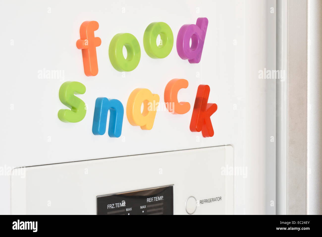 The words 'Food & Snack' spelled out in fridge magnets on the door of a ...