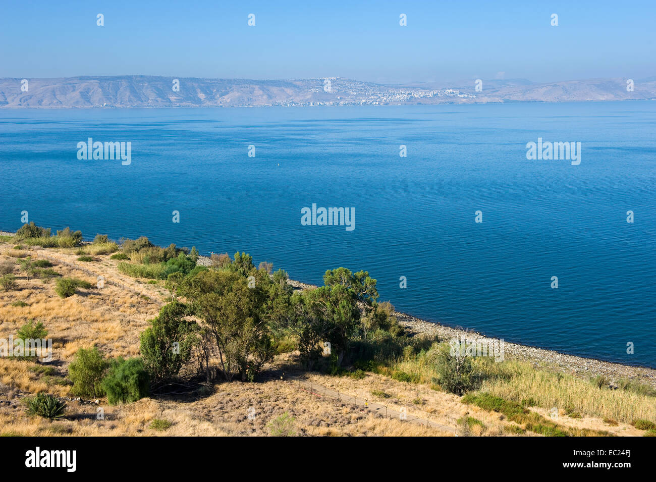 The sea of Galilee in Israel as seen from the east coast, the city on ...
