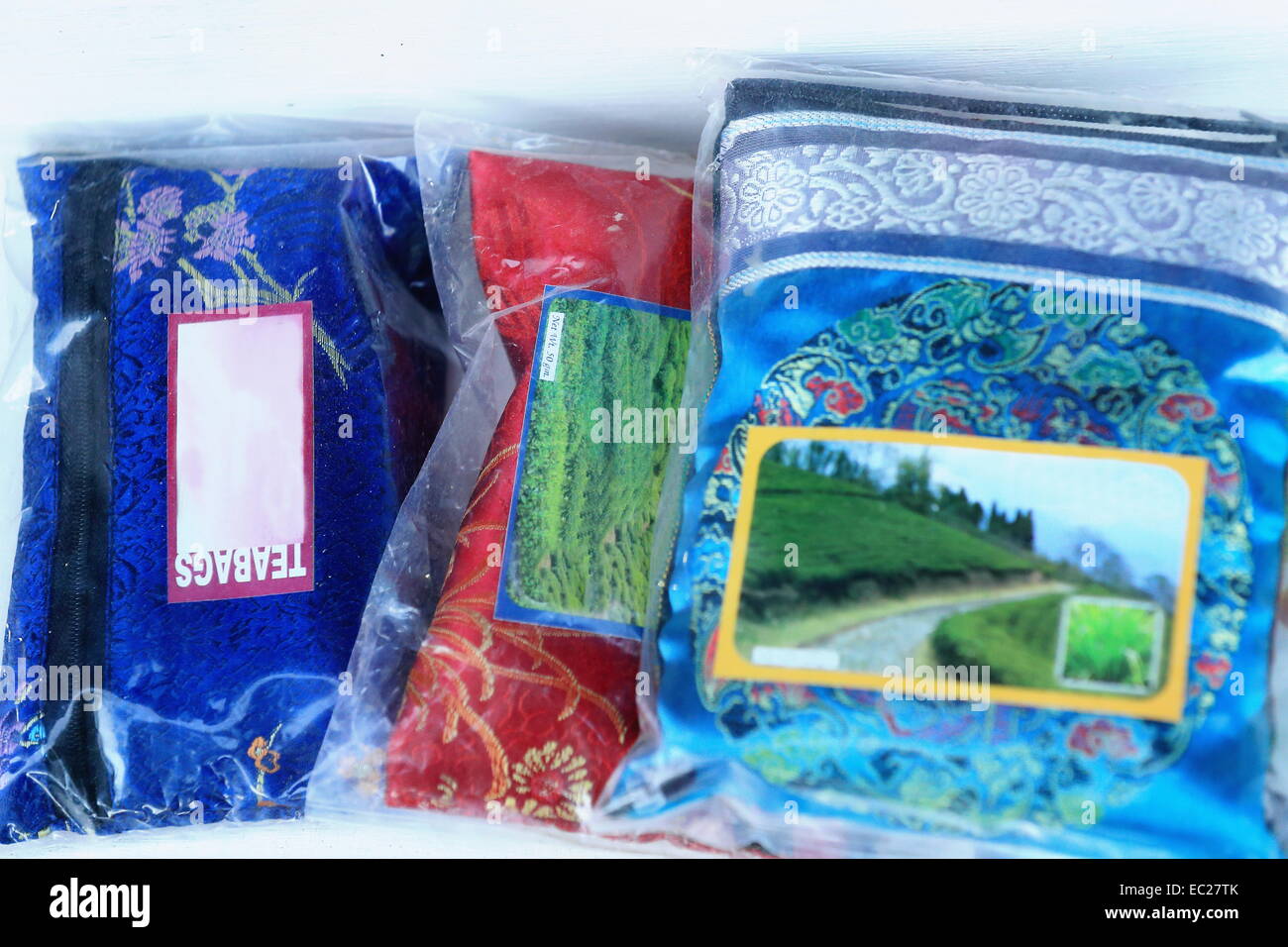 Nepali style decorated flavored tea packs. Stall on the sidewalk ...