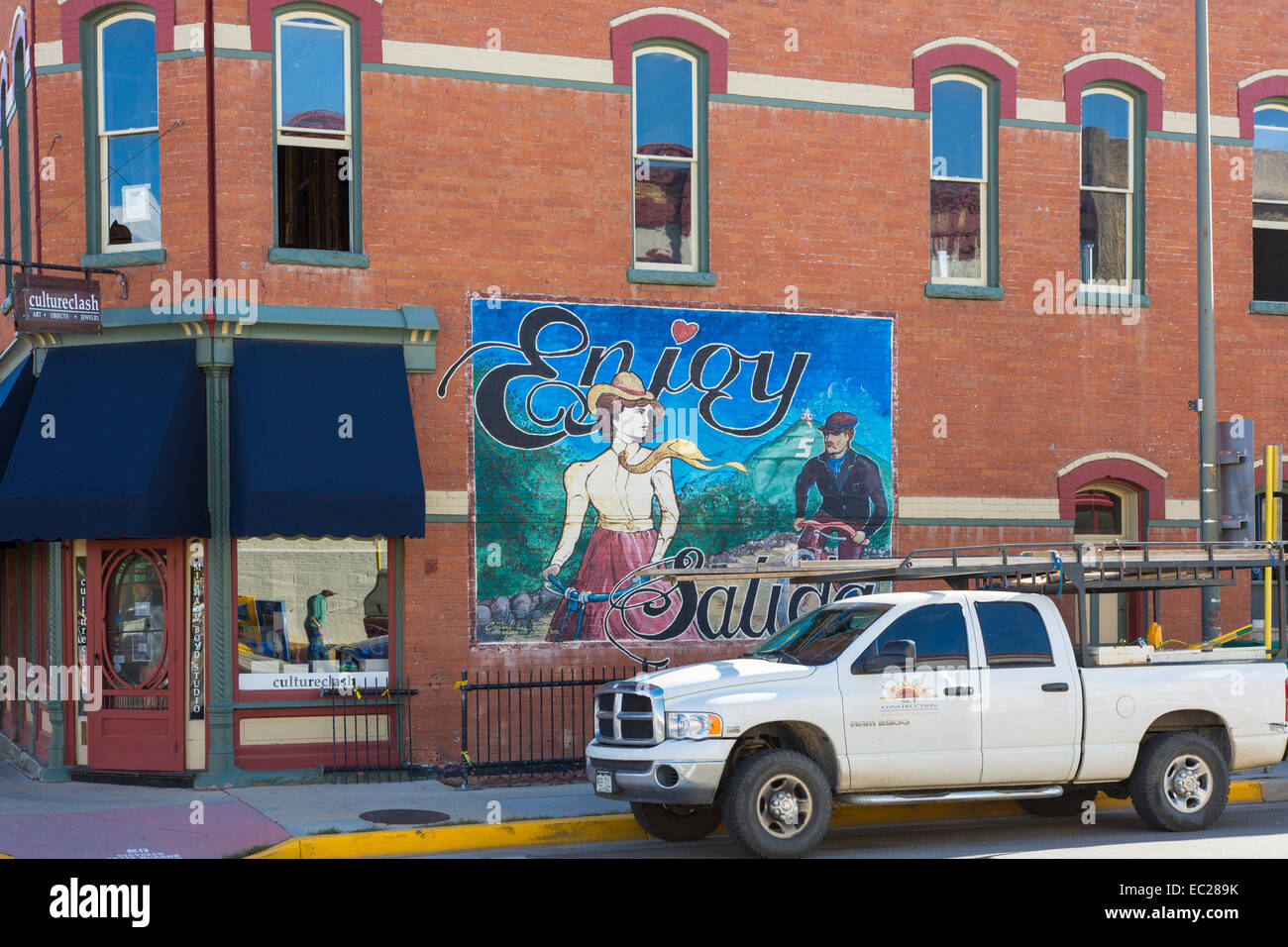 Murals on buildings in downtown area of historic old city of Salida in ...