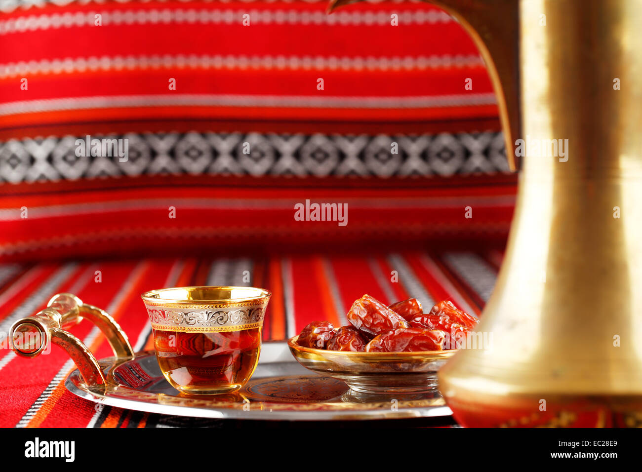Iconic Abrian fabric with Arabic tea and dates symbolise Arabian ...
