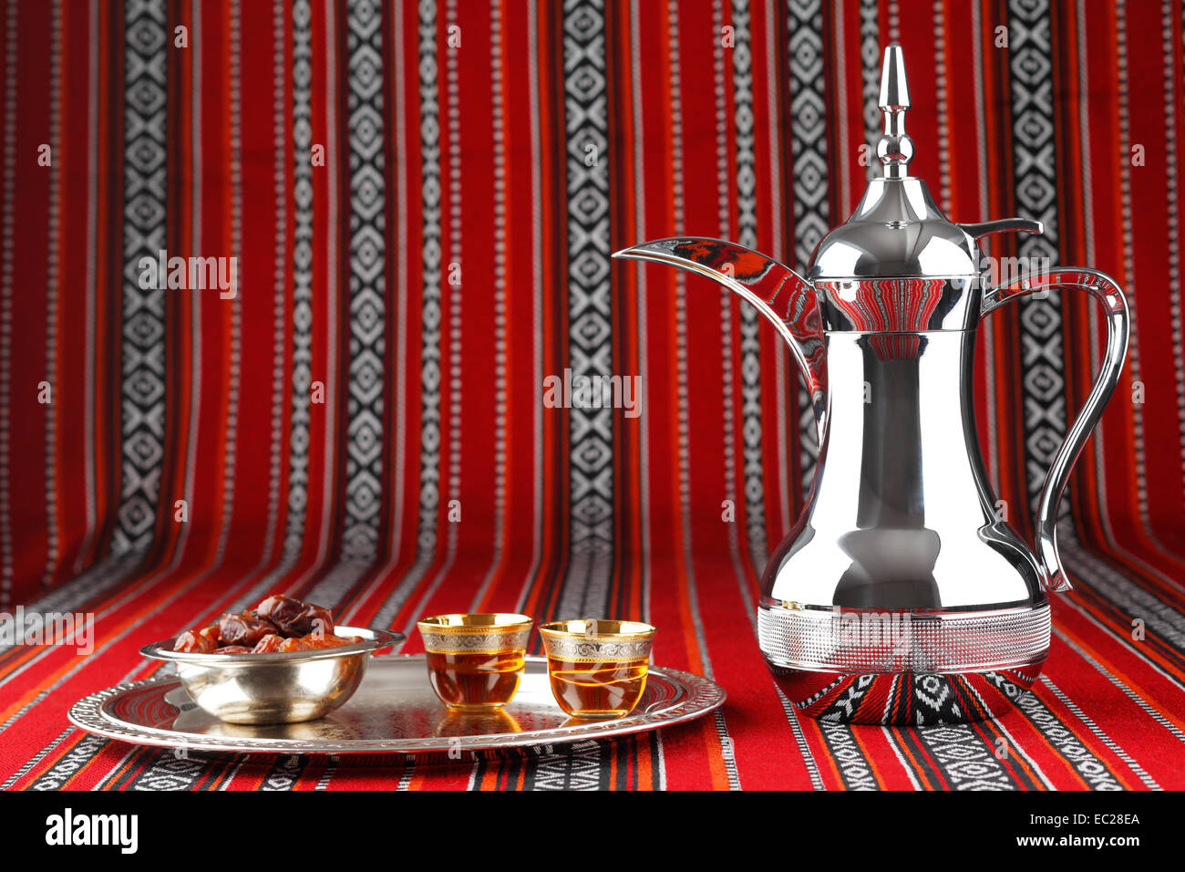 Iconic Abrian fabric with Arabic tea and dates symbolise Arabian ...