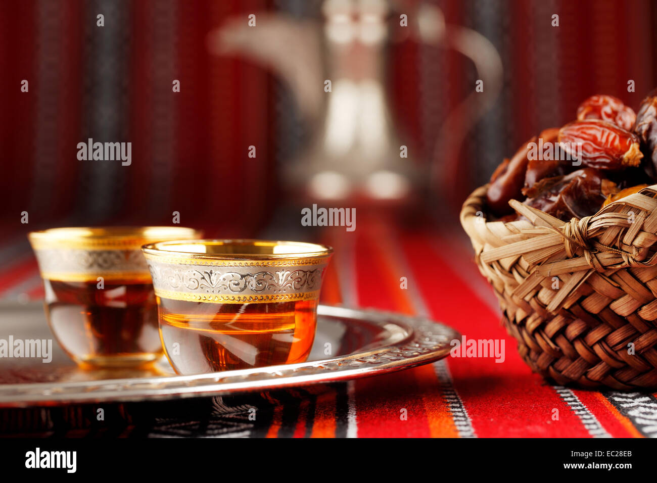 Iconic Abrian fabric with Arabic tea and dates symbolise Arabian ...