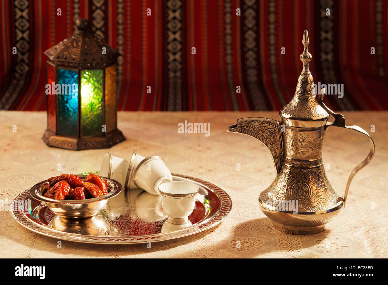 Iconic Abrian fabric with Arabic tea and dates symbolise Arabian ...