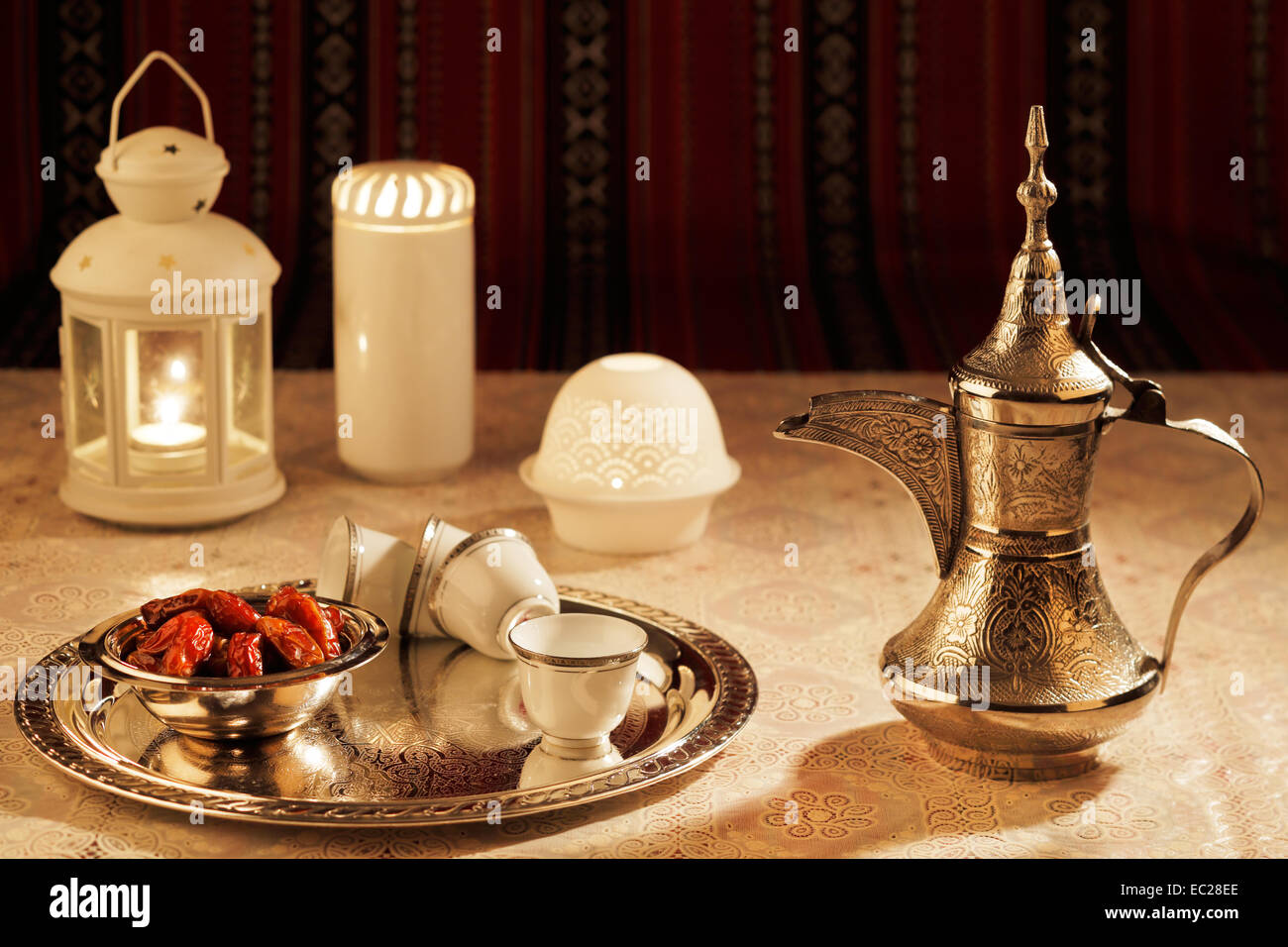 Iconic Abrian fabric with Arabic tea and dates symbolise Arabian ...