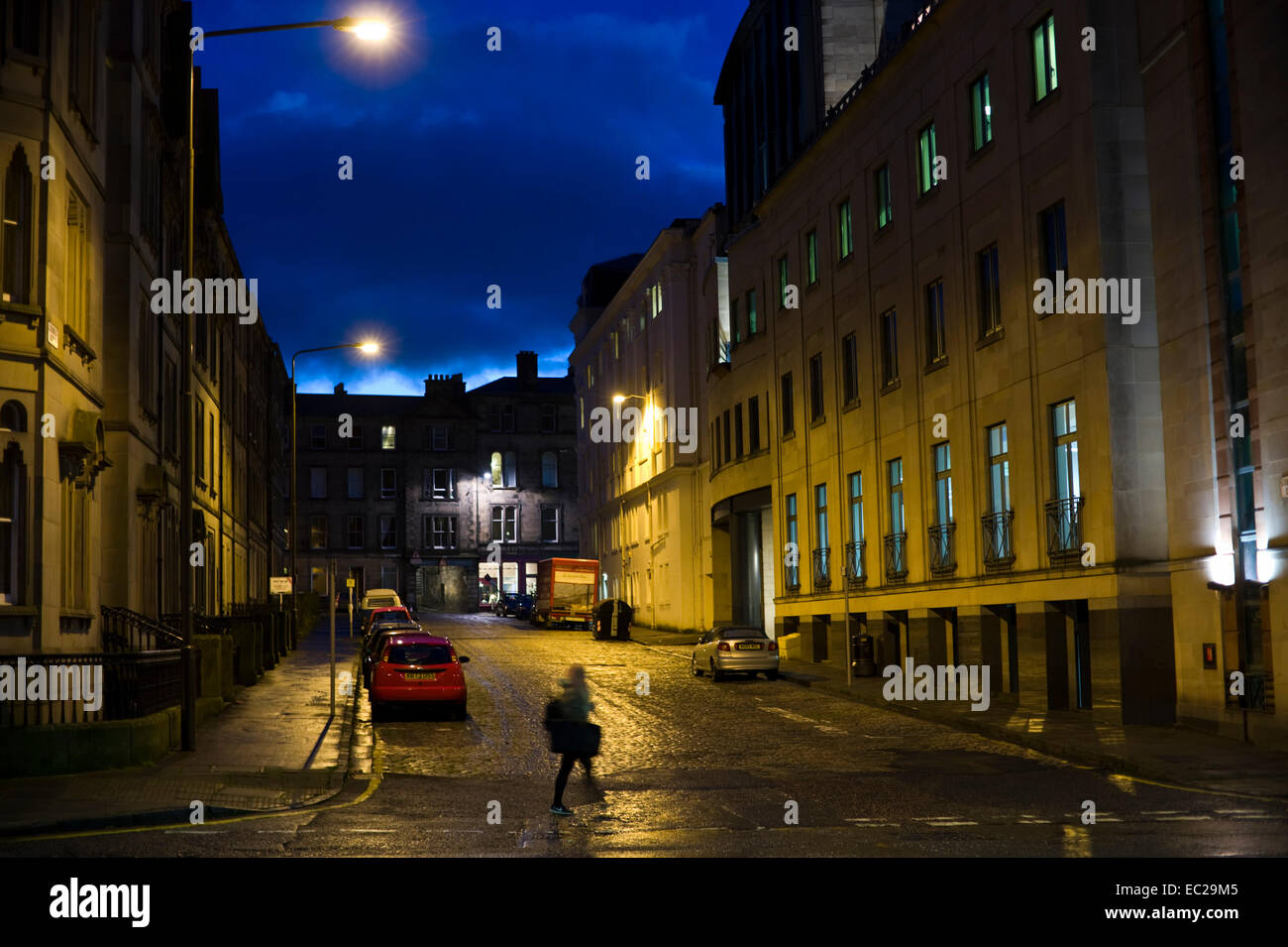 Cobbled Cornwall Street at night in city centre Edinburgh Scotland UK ...
